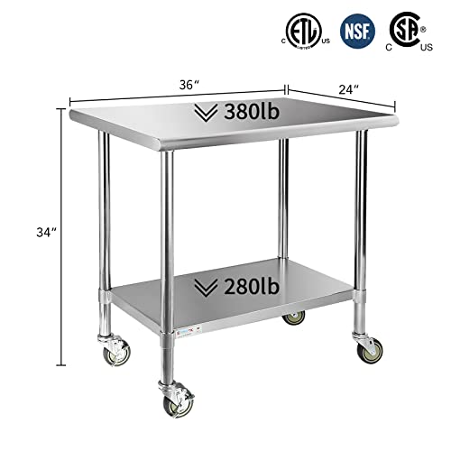 STABLEINK Stainless Steel Table with Caster Wheels 36 x 24 Inches, NSF Commercial Prep & Work Table with Adjustable Undershelf and Table Foot, for Commercial Kitchen, Restaurant, Hotel and Garage