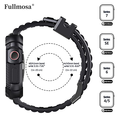 Fullmosa Watch Band, Rugged iWatch Band Silicone with Screen Protector and Bumper Case for Men, Compatible with Apple Watch Series 8/7/6/5/4/SE2/SE (44mm, Black)