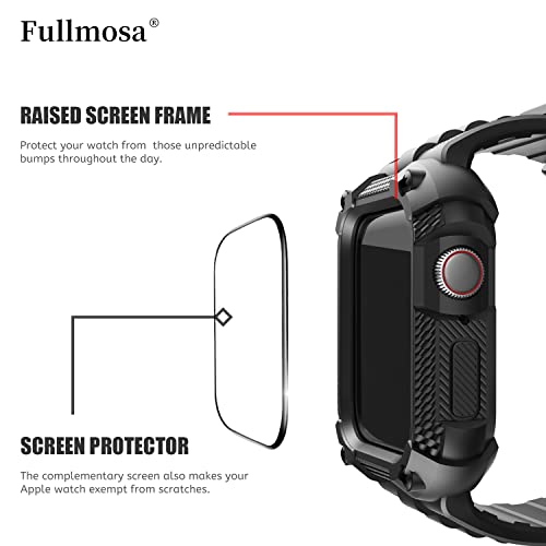 Fullmosa Watch Band, Rugged iWatch Band Silicone with Screen Protector and Bumper Case for Men, Compatible with Apple Watch Series 8/7/6/5/4/SE2/SE (44mm, Black)