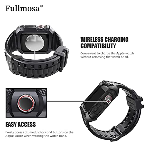 Fullmosa Watch Band, Rugged iWatch Band Silicone with Screen Protector and Bumper Case for Men, Compatible with Apple Watch Series 8/7/6/5/4/SE2/SE (44mm, Black)