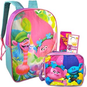 trolls world tour school backpack set for girls ~ 5 pc bundle with 16" poppy trolls school bag, lunch box, stickers, and more | trolls accessories travel bag