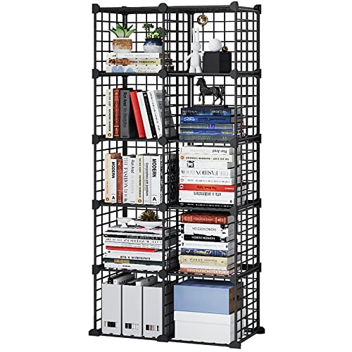 Dttwacoyh Bookcase Cube Modular Storage Shelves, Modern Simple Combination Bookshelf,Multi-Use DIY Wire Grids Folding Storage Organizer for Books, Toys, Clothes, Tools,Black,Double Row 5 Floors