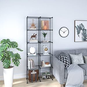 Dttwacoyh Bookcase Cube Modular Storage Shelves, Modern Simple Combination Bookshelf,Multi-Use DIY Wire Grids Folding Storage Organizer for Books, Toys, Clothes, Tools,Black,Double Row 5 Floors