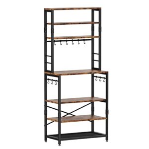 amosic industrial kitchen baker’s rack, multiuse 7-tier metal kitchen bakers rack, 6 s-hooks, floor standing spice rack organizer workstation, for microwave, spice jars, pots and pans, rustic brown