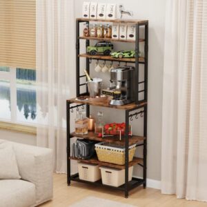 Amosic Industrial Kitchen Baker’s Rack, Multiuse 7-Tier Metal Kitchen Bakers Rack, 6 S-Hooks, Floor Standing Spice Rack Organizer Workstation, for Microwave, Spice Jars, Pots and Pans, Rustic Brown