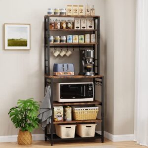 Amosic Industrial Kitchen Baker’s Rack, Multiuse 7-Tier Metal Kitchen Bakers Rack, 6 S-Hooks, Floor Standing Spice Rack Organizer Workstation, for Microwave, Spice Jars, Pots and Pans, Rustic Brown