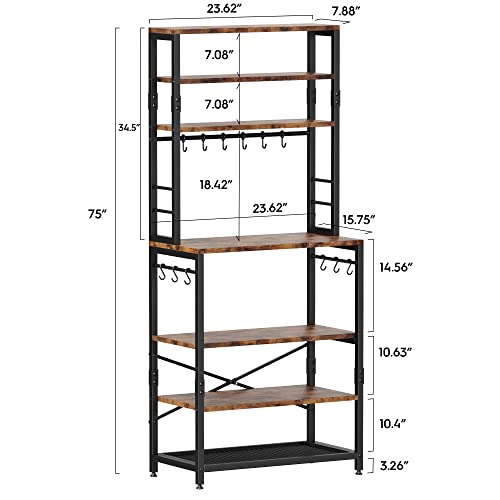 Amosic Industrial Kitchen Baker’s Rack, Multiuse 7-Tier Metal Kitchen Bakers Rack, 6 S-Hooks, Floor Standing Spice Rack Organizer Workstation, for Microwave, Spice Jars, Pots and Pans, Rustic Brown