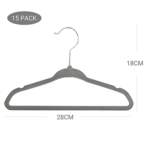 MangoKit 15 Pack Baby Velvet Clothes Hanger,Ultra-Thin Space-Saving Nursery Hangers,Non-Slip Toddler Hangers with Swivel Hook,Notched Shoulder Design(Grey)