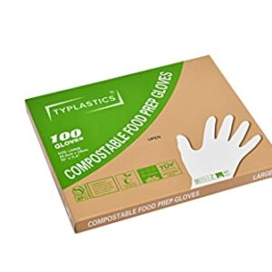 TYPLASTICS Compostable Food Prep Gloves, Large, Pack of 100, ASTM D6400, US BPI and Europe OK Compost HOME Certified