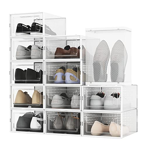 AOTENG STAR Drop Front Shoe Boxes Clear 12 Pack Shoes Storage Containers Organizer Stackable,Plastic Shoe Storage Box Sneaker Cases for Closets Entryway Bedroom Garage,Fits Men's US Size 5.0-10