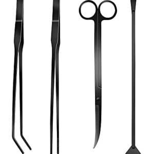 4Pcs Aquascaping Tools Kit, Long Stainless Steel Aquarium Plant Tools with Black Anti-rust Coating, Aquarium Tweezers, Scissors, and Scrapers for Aquascaping Cleaning（Free Magnetic Tool Holder）