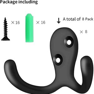 Suprwolf 8 Pack Heavy Duty Double Prong Coat Hooks Wall Mounted with 16 Screws Retro Double Robe Hooks Utility Hooks for Coat, Scarf, Bag, Towel, Key, Cap, Cup, Hat (Black)