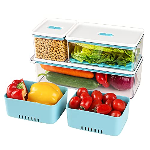 Produce Saver, Beeptrum Stackable Food Storage Containers with Vented Lid and Removable Drain Tray, Durable Fresh Keeper Storage Bin for Produce, Fruits, and Vegetables, BPA-Free, Set of 3, Blue