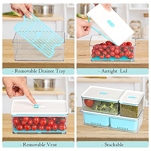 Produce Saver, Beeptrum Stackable Food Storage Containers with Vented Lid and Removable Drain Tray, Durable Fresh Keeper Storage Bin for Produce, Fruits, and Vegetables, BPA-Free, Set of 3, Blue