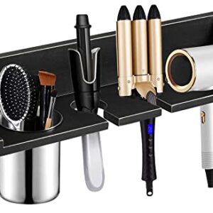 Hair Dryer Holder Wall Mounted Blow Holder Bathroom Hair Tool Organizer, Hair Styling Care Tool Organizer, Rustic Wood Beauty Appliance for Flat Iron, Curling Wand, Hair Straighteners, Brushes（Black）