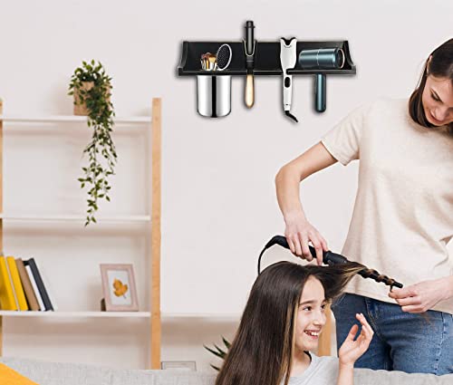 Hair Dryer Holder Wall Mounted Blow Holder Bathroom Hair Tool Organizer, Hair Styling Care Tool Organizer, Rustic Wood Beauty Appliance for Flat Iron, Curling Wand, Hair Straighteners, Brushes（Black）