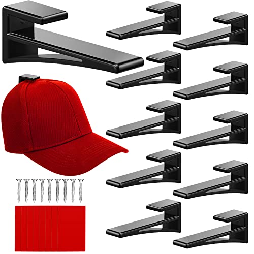 Queekay 10 Pieces Hat Display Rack Hanger Hooks Holder for Wall Mounted Hat Rack with Double-sided Tape and Screw for Baseball Hat Display Store Door Closet Office Bedroom Hat Collectors (Black)