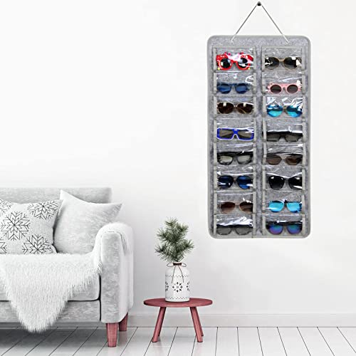 Casaphoria Sunglasses Organizer Storage, Hanging Dust Proof Wall Pocket Glasses Organizer - 16 Felt Slots Sunglass Organizer Holder with Metal Hook and Sturdy Rope (Gray, Dust Proof)