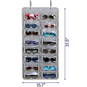 Casaphoria Sunglasses Organizer Storage, Hanging Dust Proof Wall Pocket Glasses Organizer - 16 Felt Slots Sunglass Organizer Holder with Metal Hook and Sturdy Rope (Gray, Dust Proof)