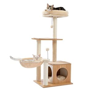 PEQULTI Cat Tree Modern Cat Tower for Indoor Cats,Multilevel Cat Play House with Large Condo, Spacious Hammock, Cozy Top Perch,Scratching Post and Dangling Balls