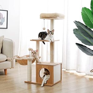 PEQULTI Cat Tree Modern Cat Tower for Indoor Cats,Multilevel Cat Play House with Large Condo, Spacious Hammock, Cozy Top Perch,Scratching Post and Dangling Balls