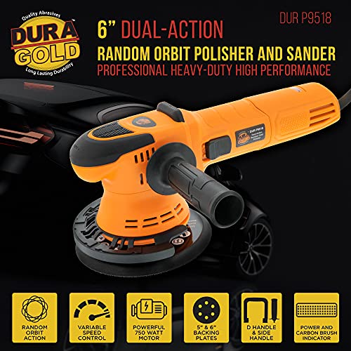 Dura-Gold Heavy Duty 6" Random Orbit Dual-Action Polisher Buffer Sander with Buffing & Polishing 8 Waffle Foam Pad Kit, Variable Speed 2000 to 6400 OPM, High-Performance, 750 Watts, Car Auto Detailing