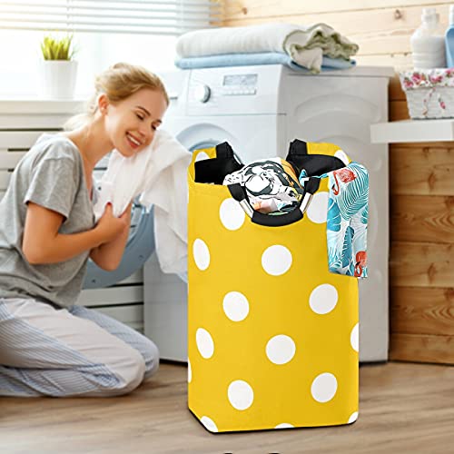 One Bear Yellow Polka Dot Laundry Hamper Large Dirty Foldable Clothes Bags Waterproof Durable Oxford Round Collapsible Storage Basket with Handles for Home Bathroom Bedroom