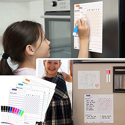 4 Pieces Magnetic Chore Chart Set, Dry Erase Refrigerator Charts, 10 Magnetic Markers with Dry Eraser, Daily Responsibility Magnetic Dry Erase Board Charts for Kid Teen Adult Fridge School Home Supply