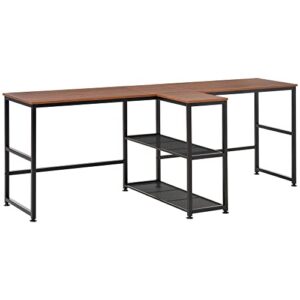 homcom 83" two person computer desk with 2 storage shelves, double desk workstation with book shelf, long desk table for home office, dark walnut