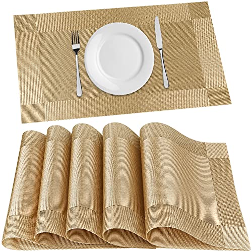 FGSAEOR Placemats Place Mats for Kitchen Dining Table, Heat-Resistant Anti-Skid Stain Washable PVC Table Mats, Easy to Cleaning Woven Vinyl Dinner Mats (Gold, 6 Pack)