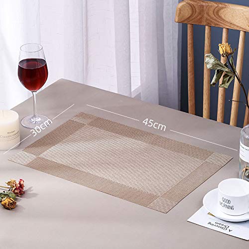 FGSAEOR Placemats Place Mats for Kitchen Dining Table, Heat-Resistant Anti-Skid Stain Washable PVC Table Mats, Easy to Cleaning Woven Vinyl Dinner Mats (Gold, 6 Pack)