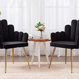 CIMOTA Black Dining Chairs Set of 2 Velvet Upholstered Comfy Living Room Chairs Modern Finger Shape Back Vanity Chair with Arms for Makeup Room/Bedroom, 2PCS