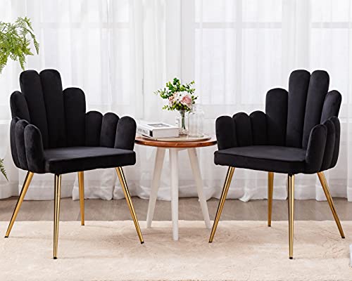 CIMOTA Black Dining Chairs Set of 2 Velvet Upholstered Comfy Living Room Chairs Modern Finger Shape Back Vanity Chair with Arms for Makeup Room/Bedroom, 2PCS