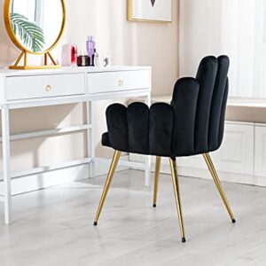 CIMOTA Black Dining Chairs Set of 2 Velvet Upholstered Comfy Living Room Chairs Modern Finger Shape Back Vanity Chair with Arms for Makeup Room/Bedroom, 2PCS