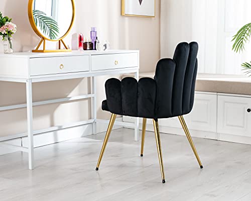 CIMOTA Black Dining Chairs Set of 2 Velvet Upholstered Comfy Living Room Chairs Modern Finger Shape Back Vanity Chair with Arms for Makeup Room/Bedroom, 2PCS