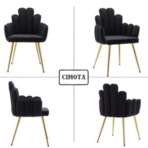 CIMOTA Black Dining Chairs Set of 2 Velvet Upholstered Comfy Living Room Chairs Modern Finger Shape Back Vanity Chair with Arms for Makeup Room/Bedroom, 2PCS