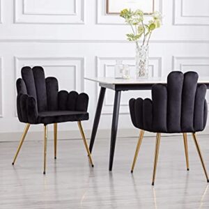 CIMOTA Black Dining Chairs Set of 2 Velvet Upholstered Comfy Living Room Chairs Modern Finger Shape Back Vanity Chair with Arms for Makeup Room/Bedroom, 2PCS