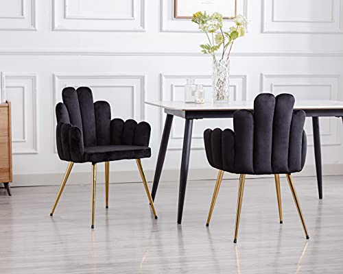 CIMOTA Black Dining Chairs Set of 2 Velvet Upholstered Comfy Living Room Chairs Modern Finger Shape Back Vanity Chair with Arms for Makeup Room/Bedroom, 2PCS