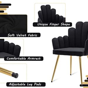 CIMOTA Black Dining Chairs Set of 2 Velvet Upholstered Comfy Living Room Chairs Modern Finger Shape Back Vanity Chair with Arms for Makeup Room/Bedroom, 2PCS