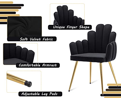 CIMOTA Black Dining Chairs Set of 2 Velvet Upholstered Comfy Living Room Chairs Modern Finger Shape Back Vanity Chair with Arms for Makeup Room/Bedroom, 2PCS