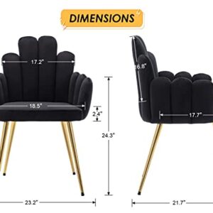 CIMOTA Black Dining Chairs Set of 2 Velvet Upholstered Comfy Living Room Chairs Modern Finger Shape Back Vanity Chair with Arms for Makeup Room/Bedroom, 2PCS