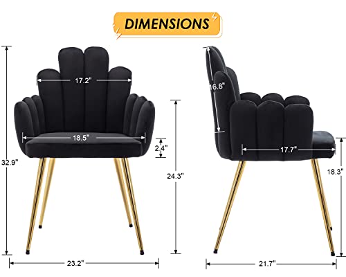 CIMOTA Black Dining Chairs Set of 2 Velvet Upholstered Comfy Living Room Chairs Modern Finger Shape Back Vanity Chair with Arms for Makeup Room/Bedroom, 2PCS