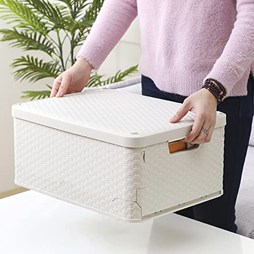 Folding and Stackable Storage Bin with Lid | Organizer Storage Box, 30 Liter, Set of 3, Beige