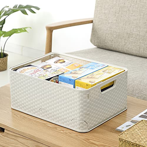 Folding and Stackable Storage Bin with Lid | Organizer Storage Box, 30 Liter, Set of 3, Beige