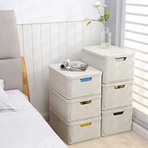 Folding and Stackable Storage Bin with Lid | Organizer Storage Box, 30 Liter, Set of 3, Beige