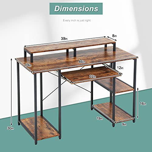 Computer Desk with Storage Shelves and Keyboard Tray, Hutch Shelf Monitor Stand, 47 Inch Studying Writing Desk, Working Study Table for Home Office, Rustic Brown