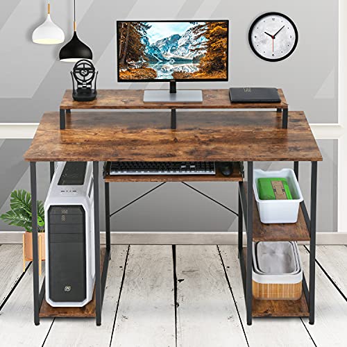 Computer Desk with Storage Shelves and Keyboard Tray, Hutch Shelf Monitor Stand, 47 Inch Studying Writing Desk, Working Study Table for Home Office, Rustic Brown