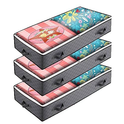 225L Large Capacity Underbed Storage Containers Set of 3 ，with 4 Reinforced Handle Thick Fabric for Comforters, Blankets, Bedding，Clothing , Clear Window(Dark gray)