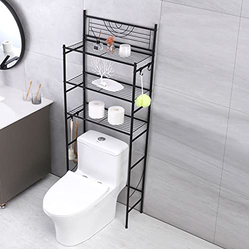 Kimzda 3-Tier Bathroom Over The Toilet Storage Rack Free Standing Metal Frame Shelf Organizer, with 4-Hooks, Black