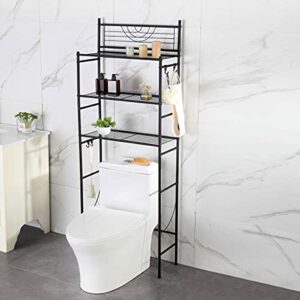 Kimzda 3-Tier Bathroom Over The Toilet Storage Rack Free Standing Metal Frame Shelf Organizer, with 4-Hooks, Black